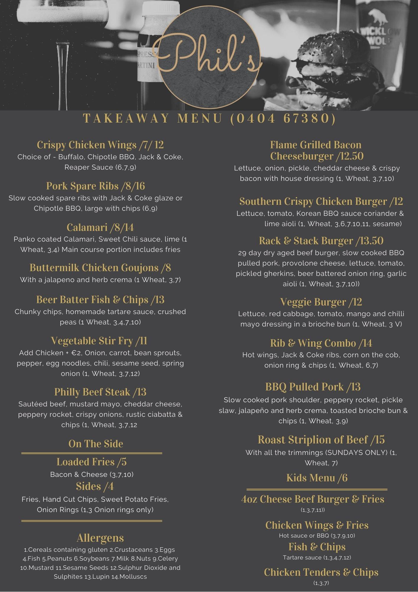 Takeaway Menu at Phils - Phil's of Wicklow Town